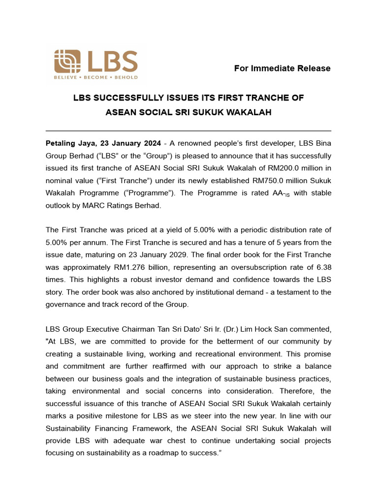 20240123 Lbs Successfully Issues Its First Tranche Of Asean Social Sri Sukuk Wakalah Pdf
