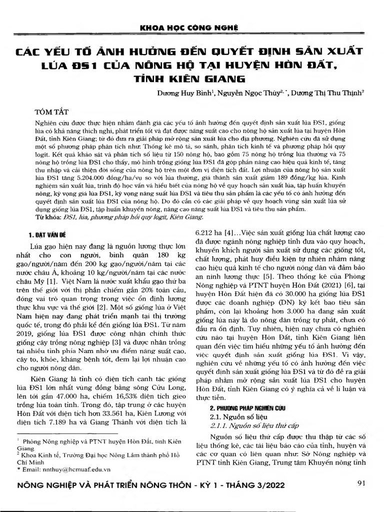 CAC YÊU To Anh Huong Đen Quyet Định San Xuat Lúa Os 1 Của Nông Hộ Tại Huyện Hòn Đất, Tỉnh Kiên ...