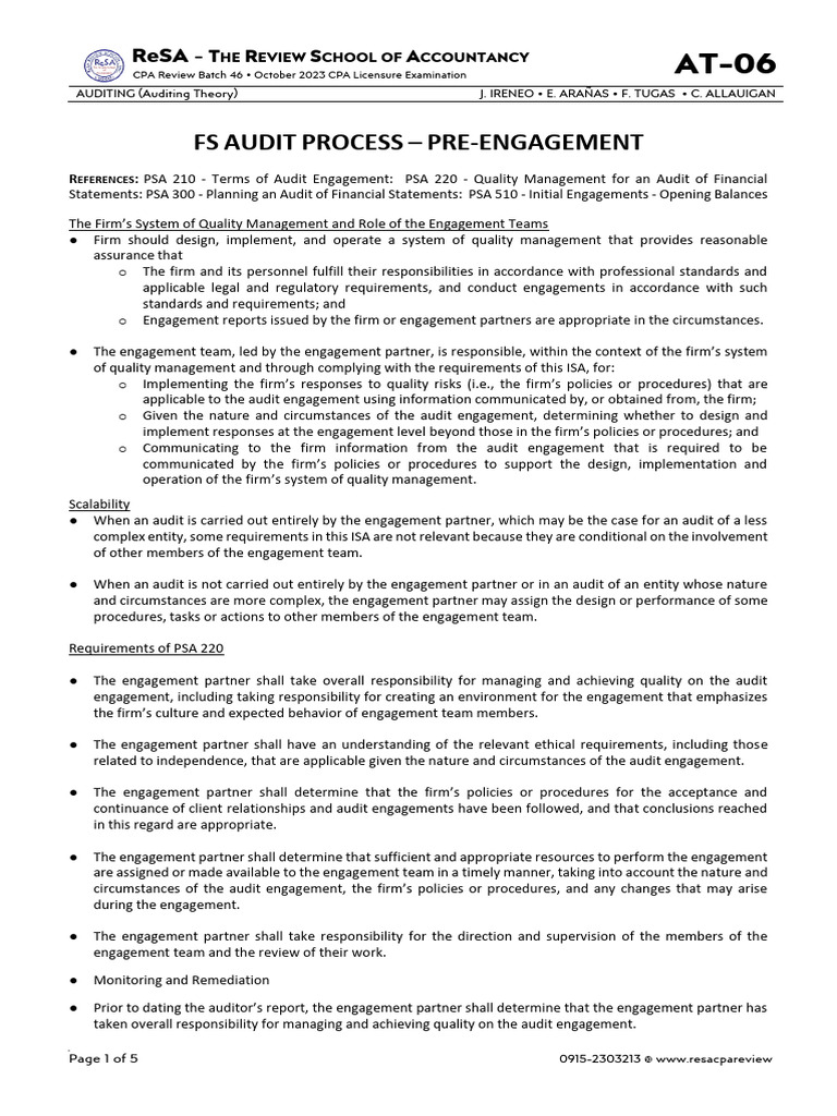AT 06 FS Audit Process Pre Engagement | PDF | Audit | Accounting