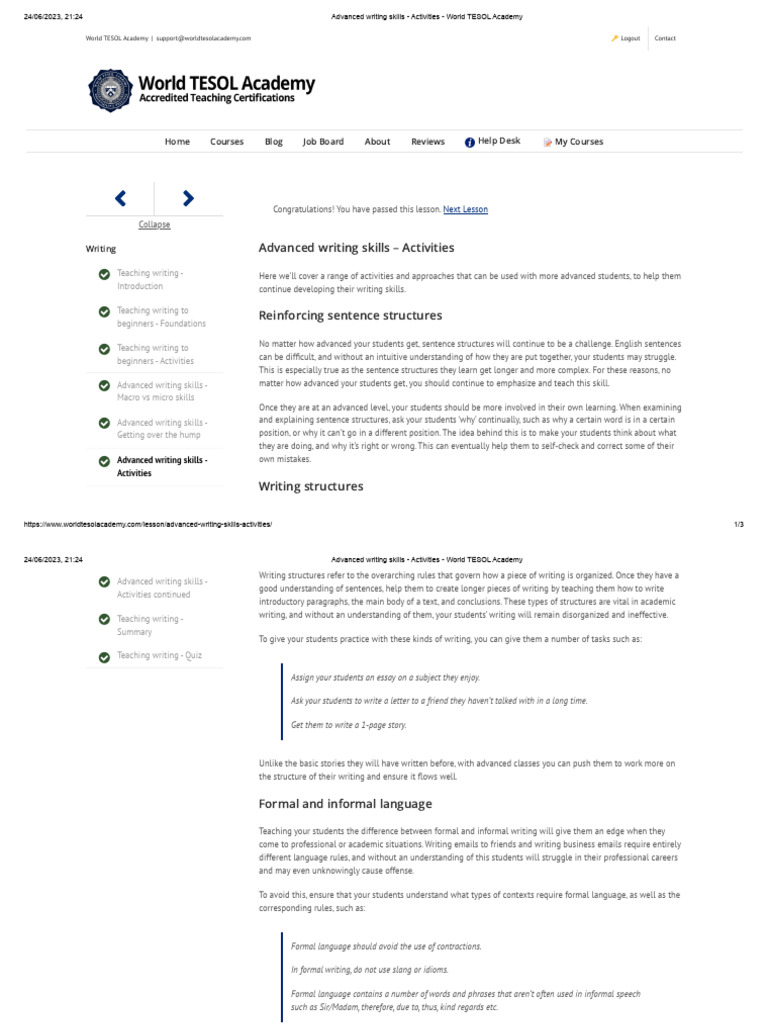 Advanced Writing Skills - Activities - World TESOL Academy | Download ...