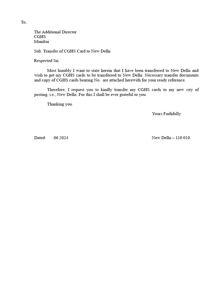 CGHS Card Transfer Request to New Delhi | PDF