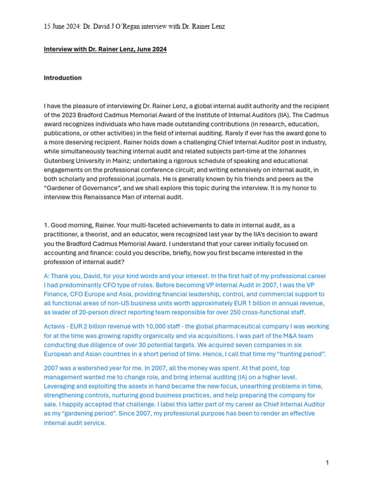 Interview With DR Rainer Lenz | PDF | Internal Audit | Audit
