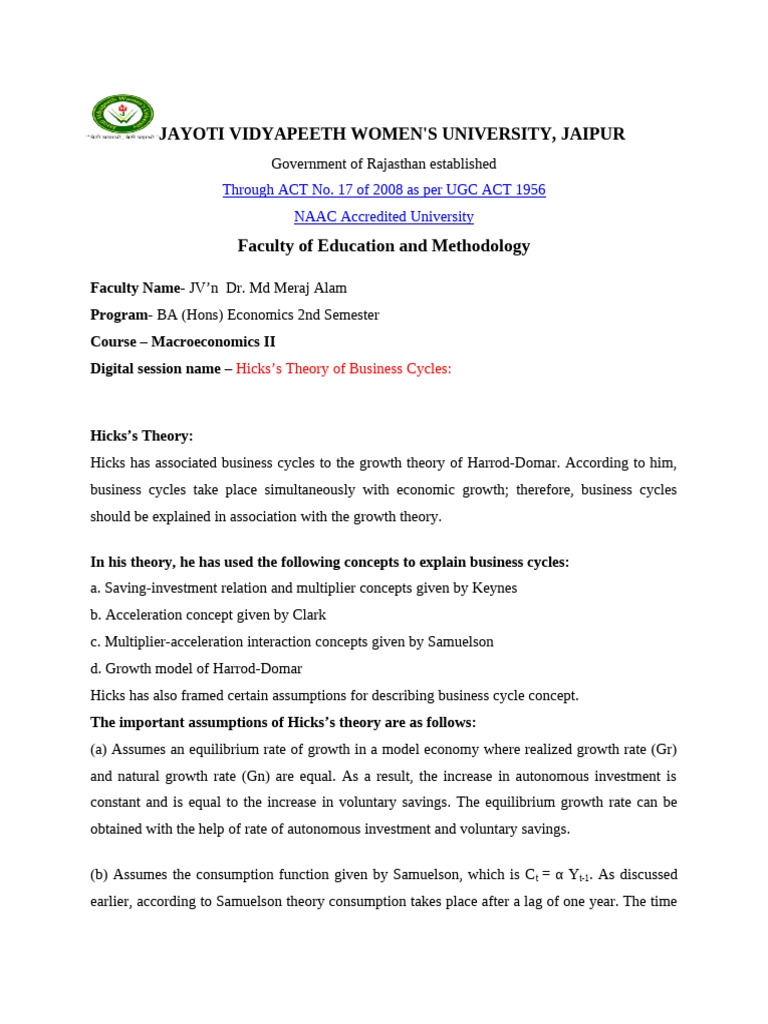 Hicks's Theory of Business Cycles | PDF | Multiplier (Economics ...