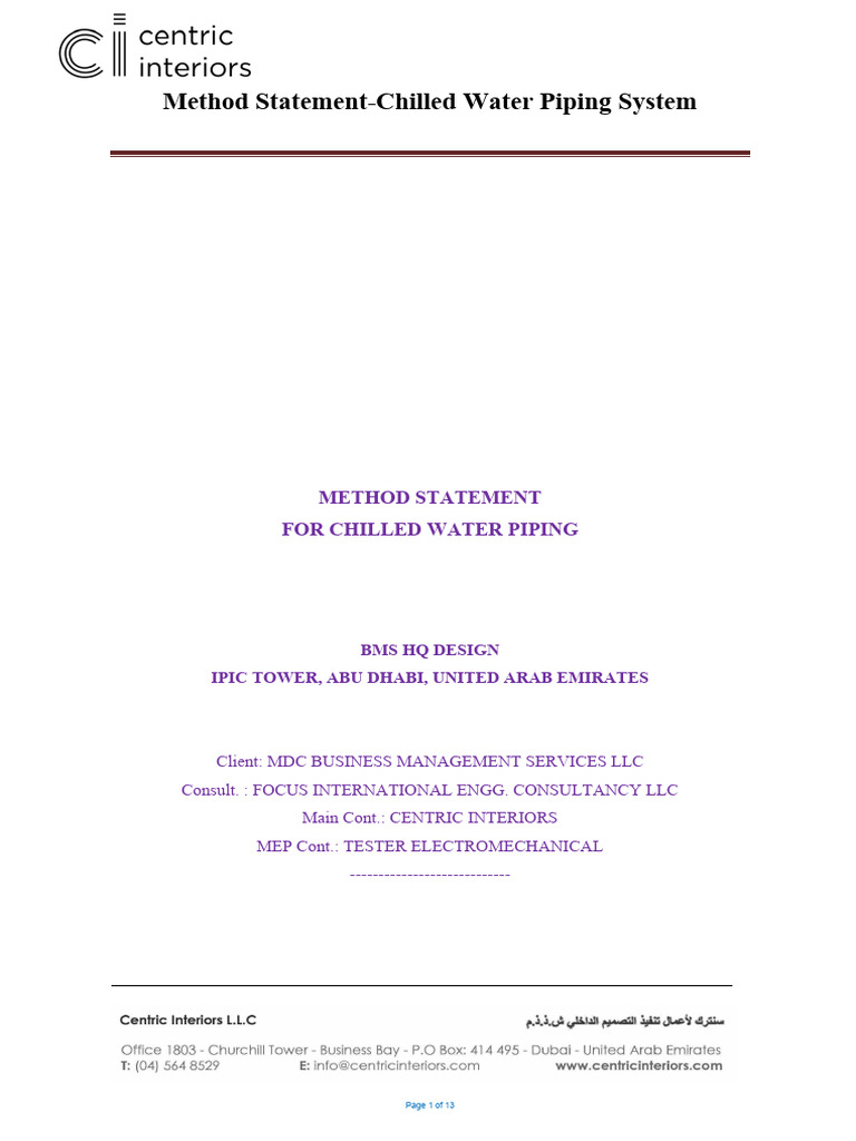 01 Chilled Water Piping System - Method Statement | PDF | Pipe (Fluid ...