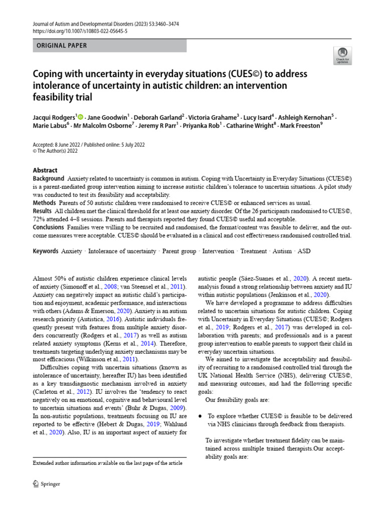 Coping With Uncertainty in Everyday Situations (CUES©) To Address Intolerance of Uncertainty in ...
