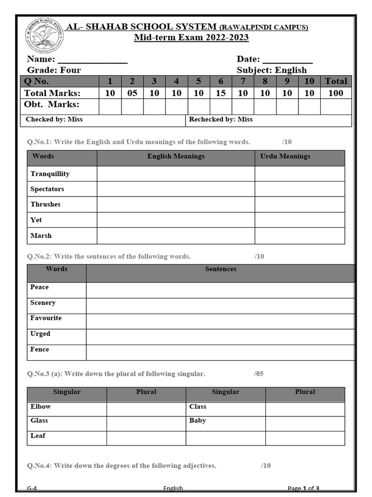 G-4 ENG Midterm 2024 | PDF | English Language | Grammar