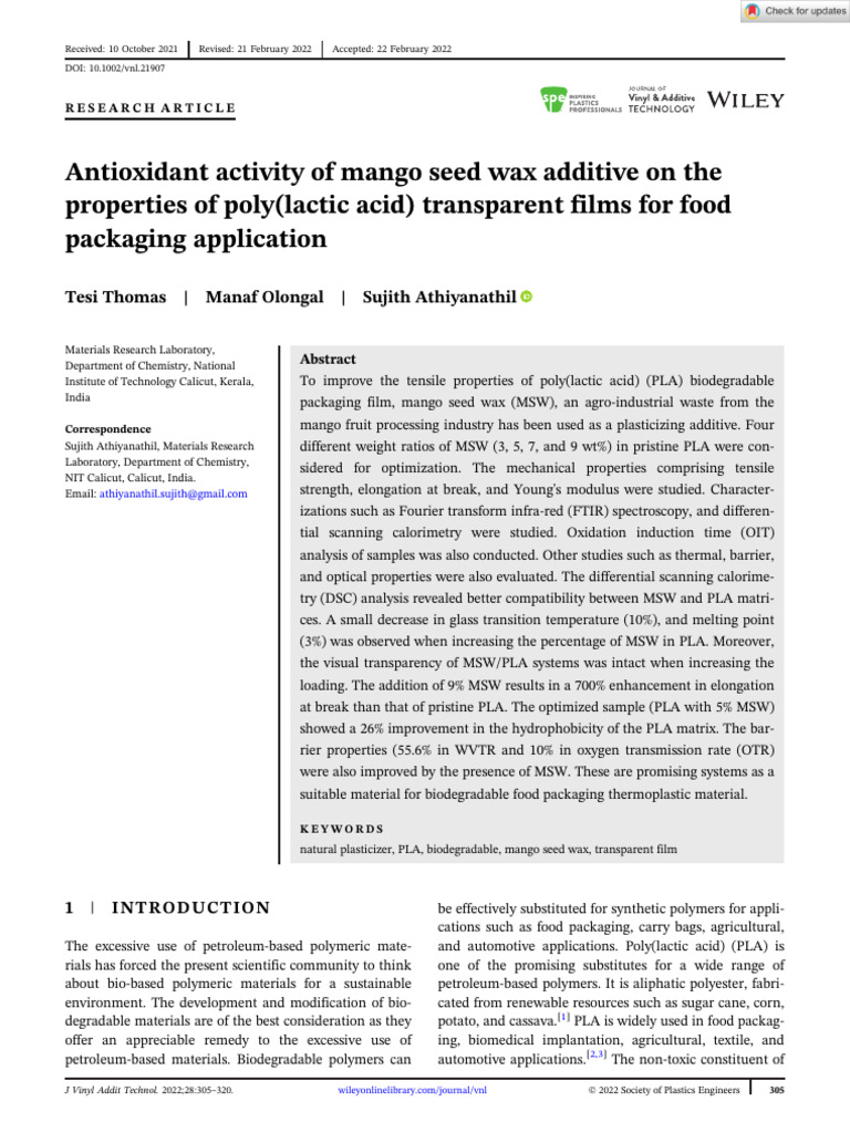 Vinyl Additive Technology - 2022 - Thomas - Antioxidant Activity of ...