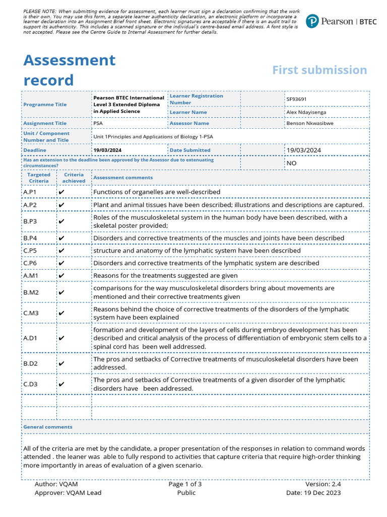 Alex N Biology Assessment Record | PDF | Human Musculoskeletal System ...