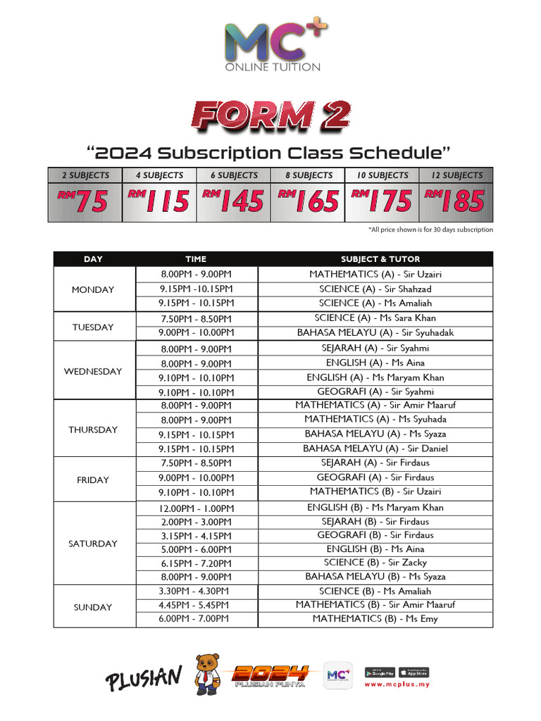 2024 Online Tuition Class Schedule | PDF