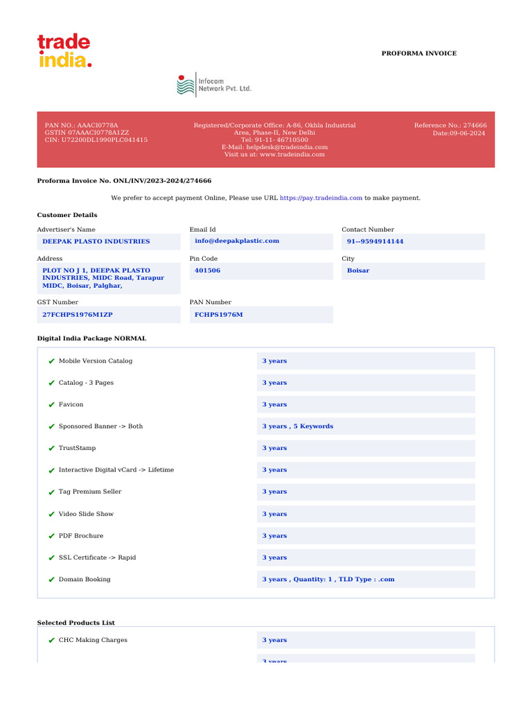 Infocom Network LTD Onl Inv 2023-2024 274666 | PDF | Damages | Payments