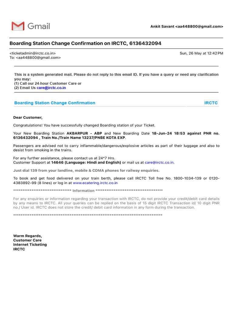 Boarding Station Change Confirmation On IRCTC, 6136432094 | PDF ...