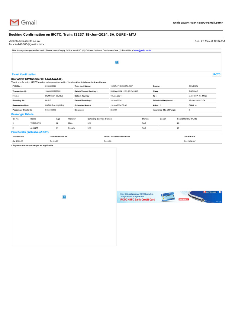 Booking Confirmation On IRCTC, Train 13237, 18-Jun-2024, 3A, DURE - MTJ ...