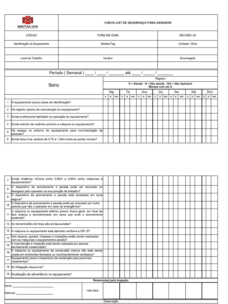 Form 006 Ssma R00 Checklist Gerador | PDF