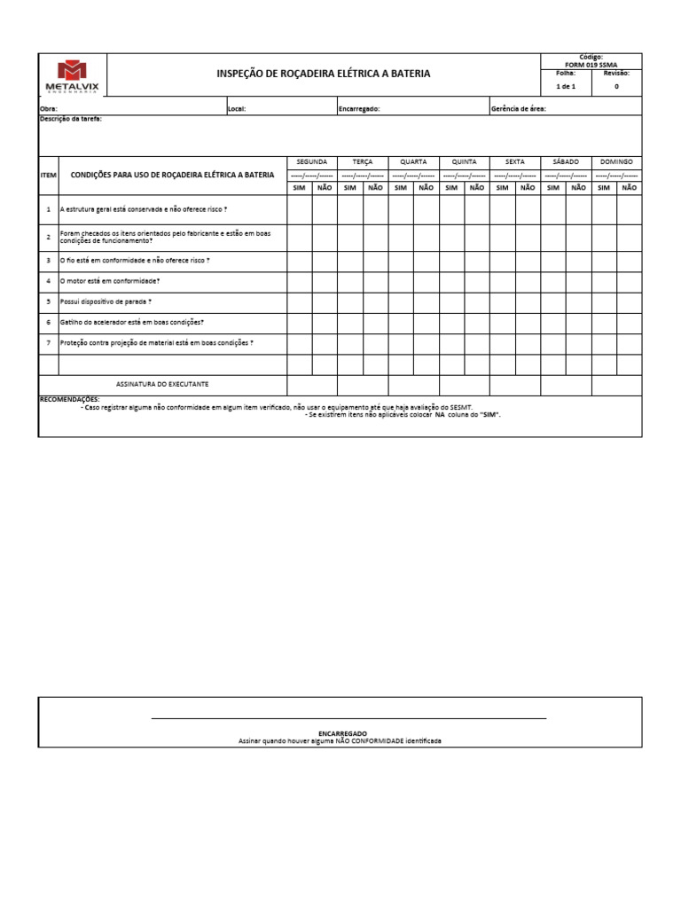 Form 019 Ssma R00 - Checklist Roçadeira A Bateria | PDF | Informática