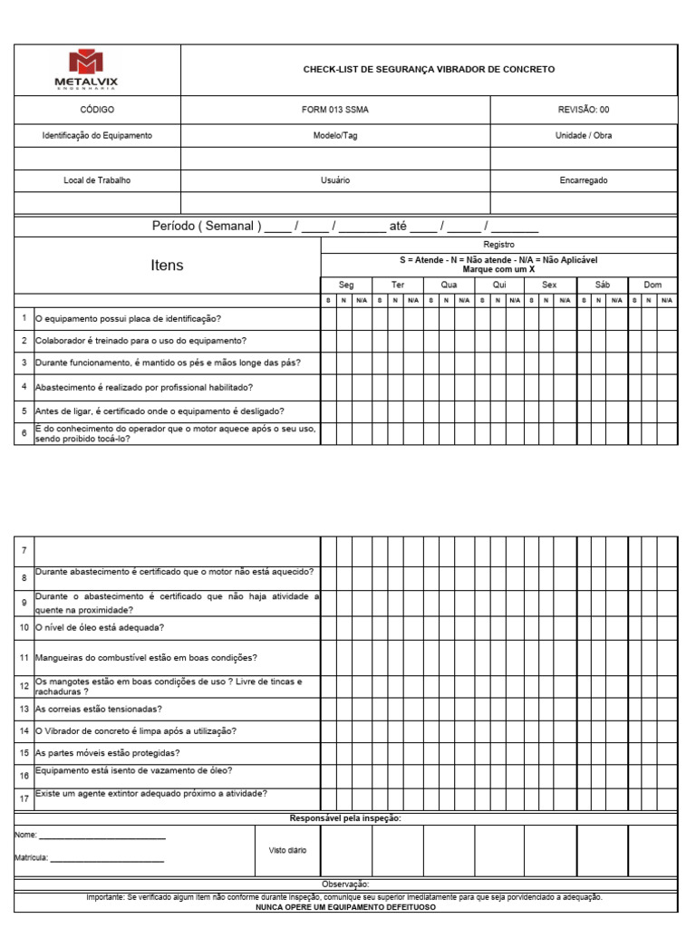 Check-list de Segurança para Vibrador de Concreto | PDF