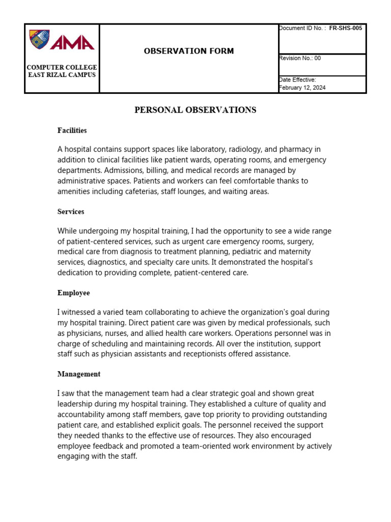 SHS Personal Observations 010 | PDF | Hospital | Health Care
