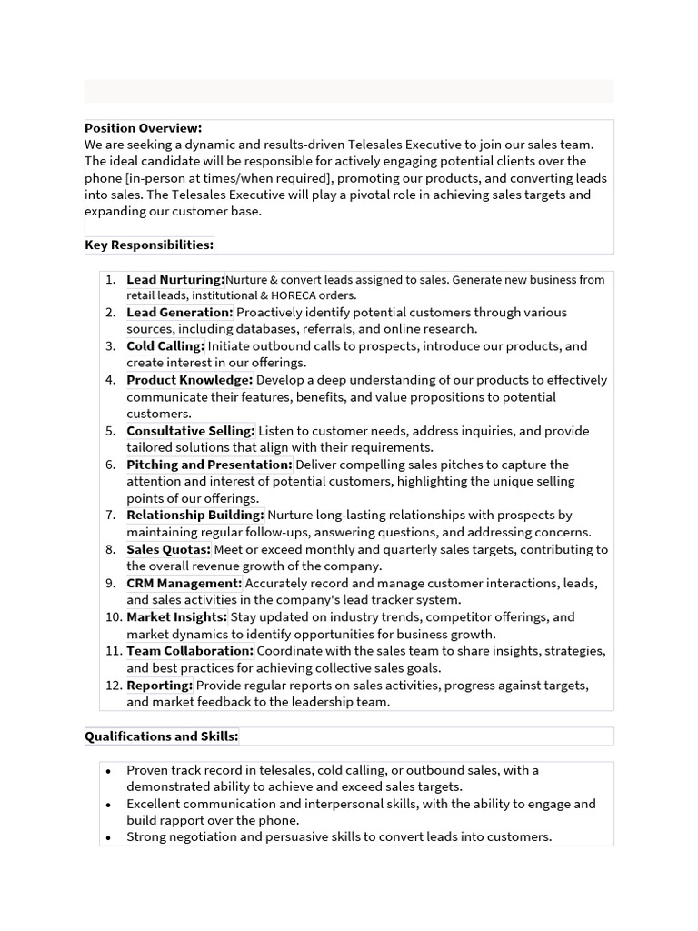 Telesales Executive Job Overview | PDF | Sales | Customer Relationship ...