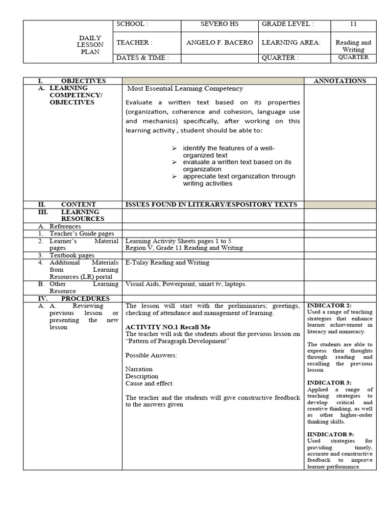 CO LP WITH ANNOTATION (Reading and Writing 11) | PDF | Literacy | Cognition