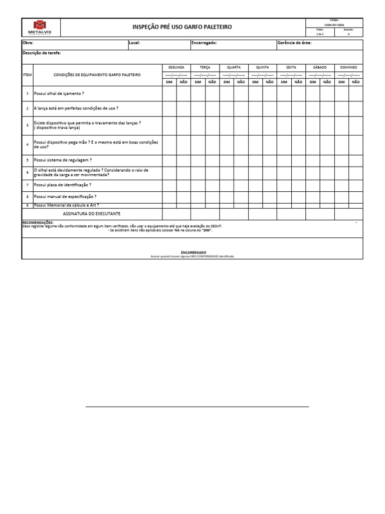 Form 047 Ssma R 00 Checklist Garfo Paleteiro | PDF | Informática