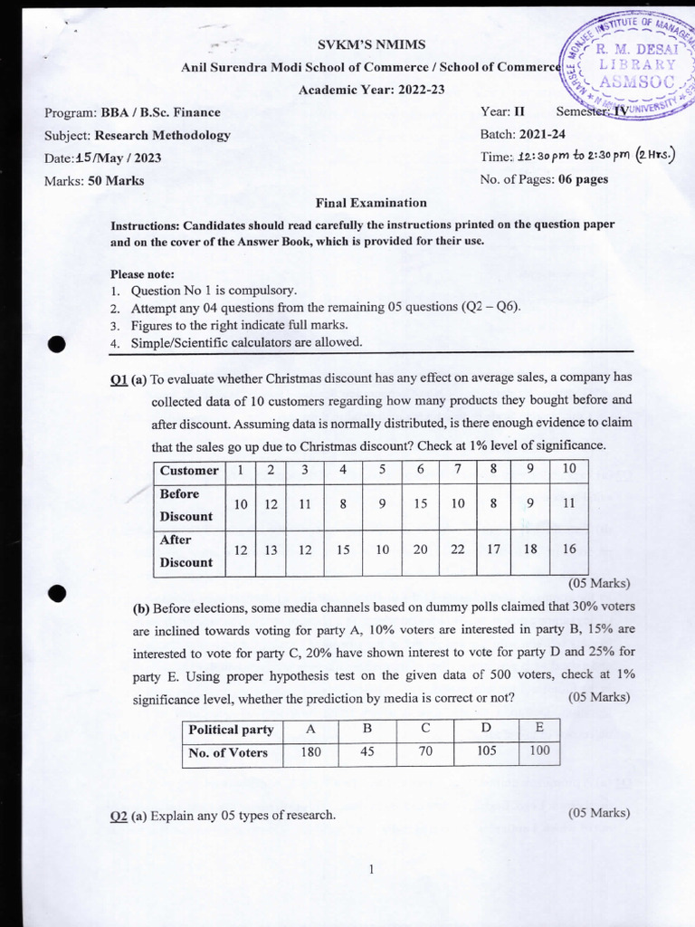 BBA Research Methodology Exam Paper | PDF | Retail | Toys