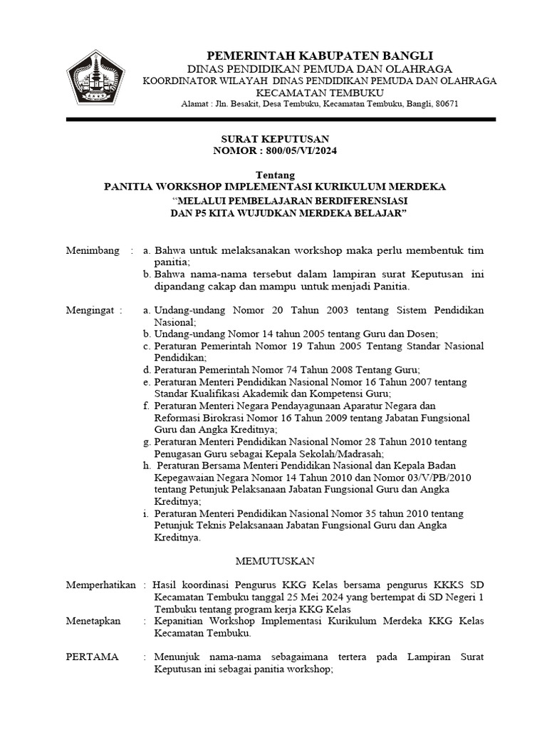 SK PANITIA KKG Kelas 2024 | PDF