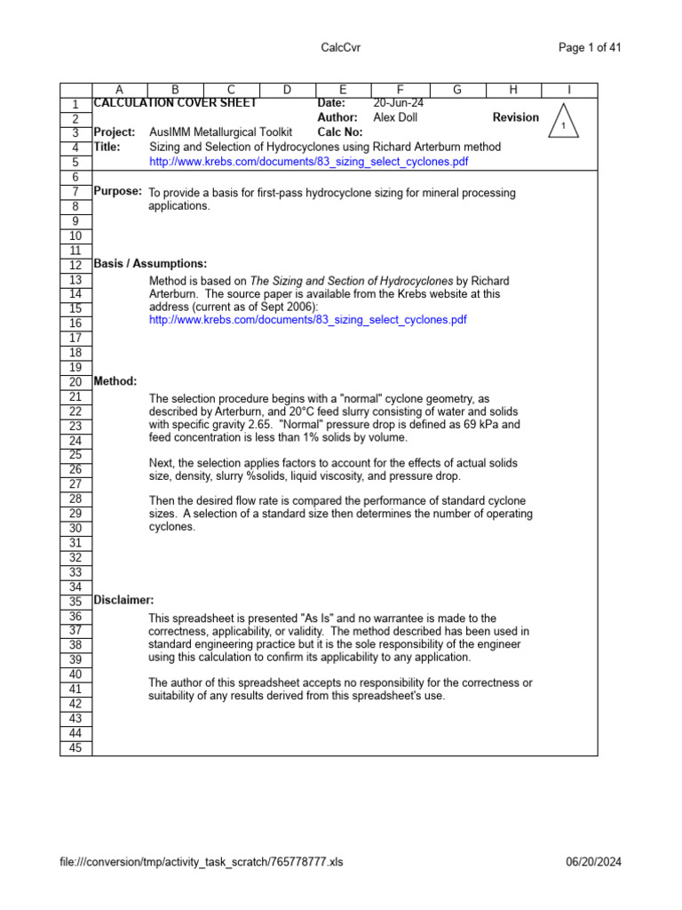 Calculation Cover Sheet Date: Author: Revision Project: Calc No: Title ...
