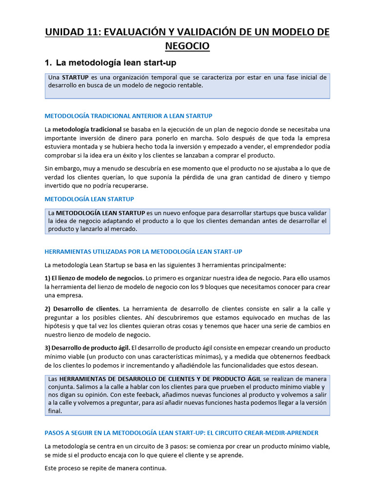 Unidad 11 Evaluaci-N y Validaci-N de Un Modelo de Negocio | PDF | Empresa de inicio | Pequeñas ...