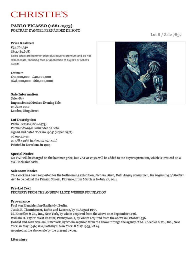 Pablo Picasso (1881-1973) Portrait D'angel Fernández de Soto ...