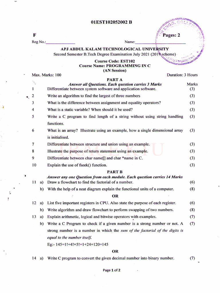 Est102 Progrm In C B July 2021 Pdf Computer Program Programming