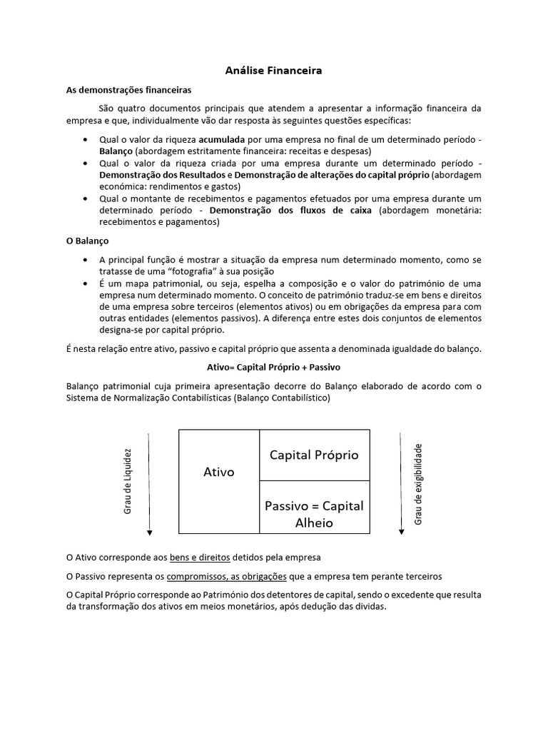 Análise Financeira Resumo | PDF | Balancete | Fluxo de caixa