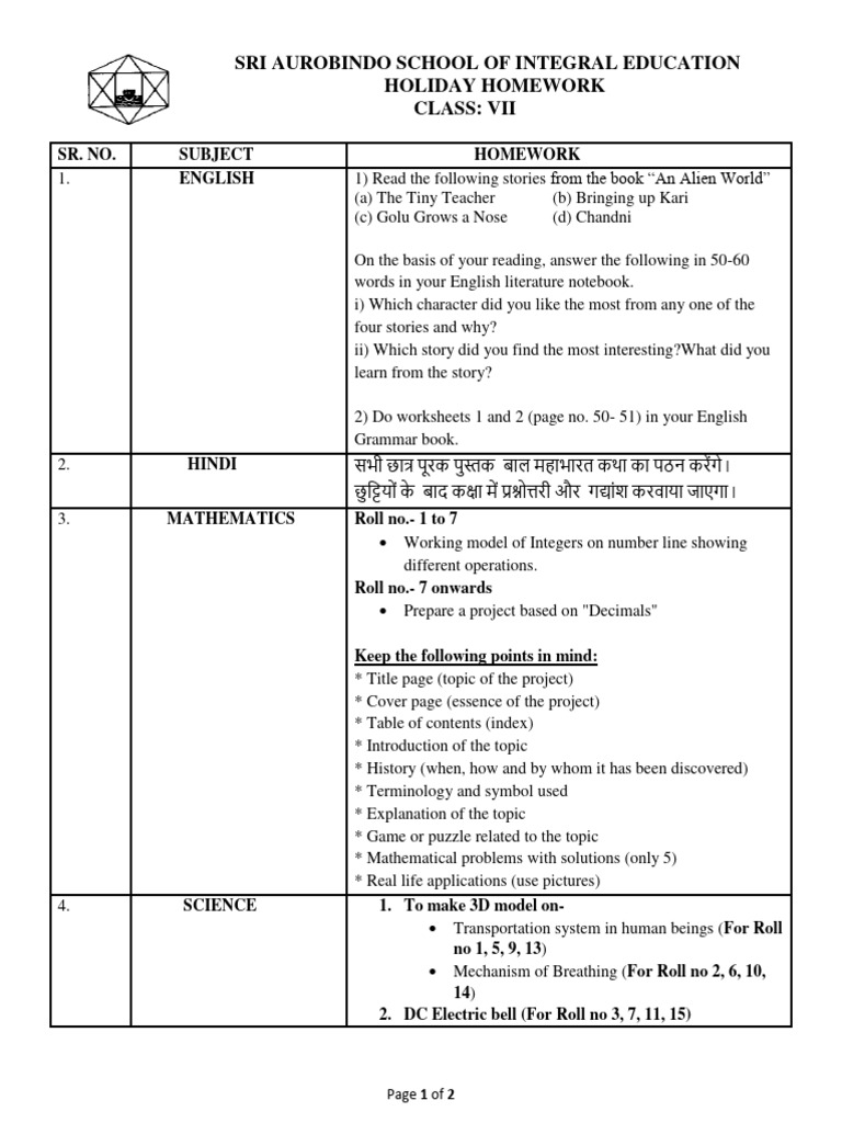Class 7 Holiday Homework 2024-25 | PDF | Earth