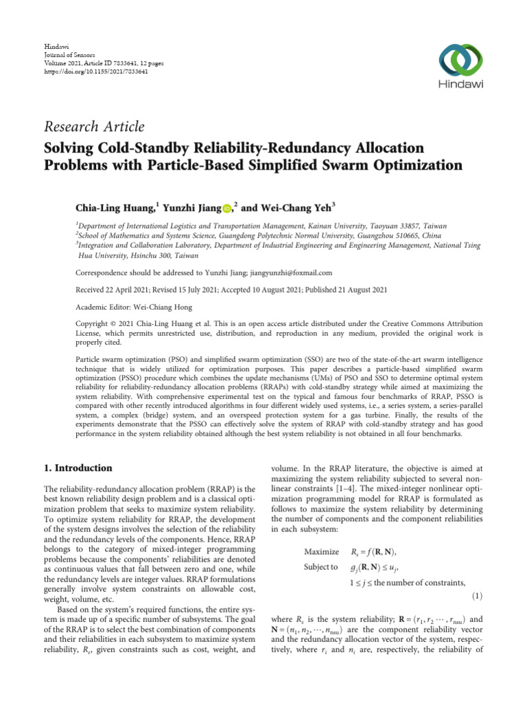 Research Article Solving Cold-Standby Reliability-Redundancy Allocation Problems With Particle ...