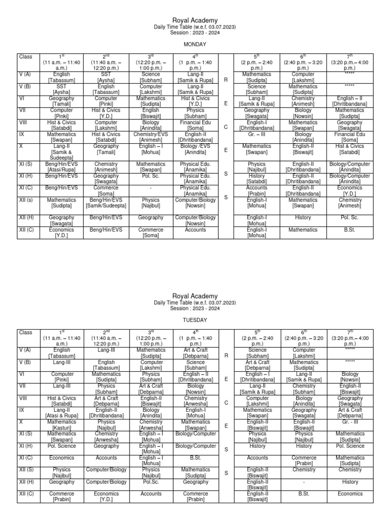 Daily Time Table (V - XII) (3.7.23) | PDF | Liberal Arts Education ...