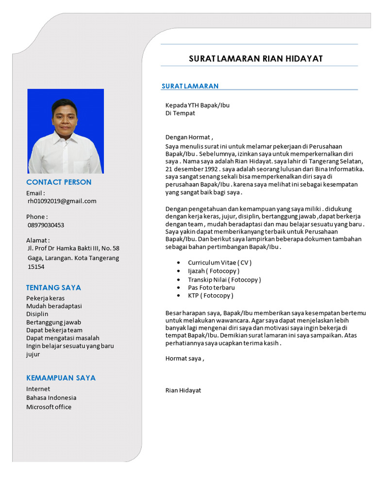Surat Lamaran Rian | PDF | Pengembangan Diri