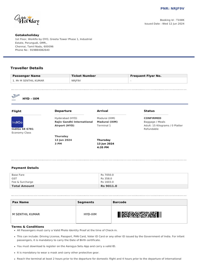 HYD To IXM - MR Senthil - Flight Ticket | PDF | Aviation