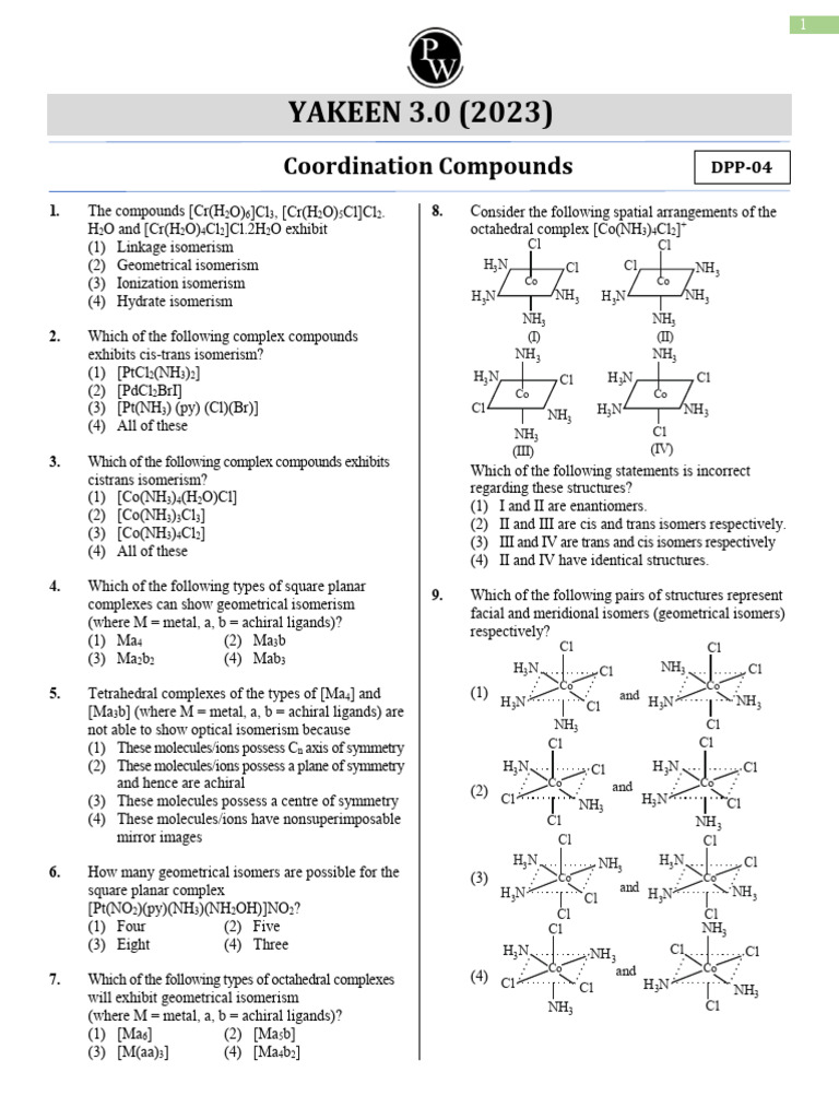 Coordination Compounds: DPP 04 (Of Lecture 08) - Yakeen 3.0 2023 | PDF | Chirality (Chemistry ...
