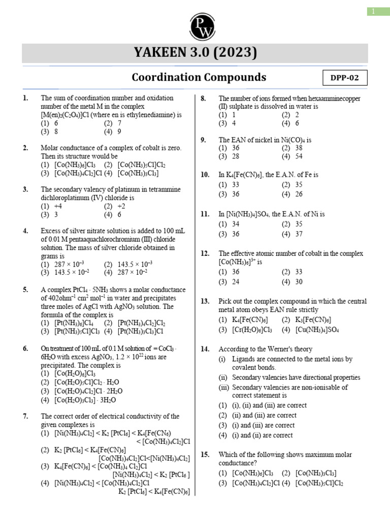 Coordination Compounds: DPP 02 (Of Lecture 04) - Yakeen 3.0 2023 | PDF | Coordination Complex ...