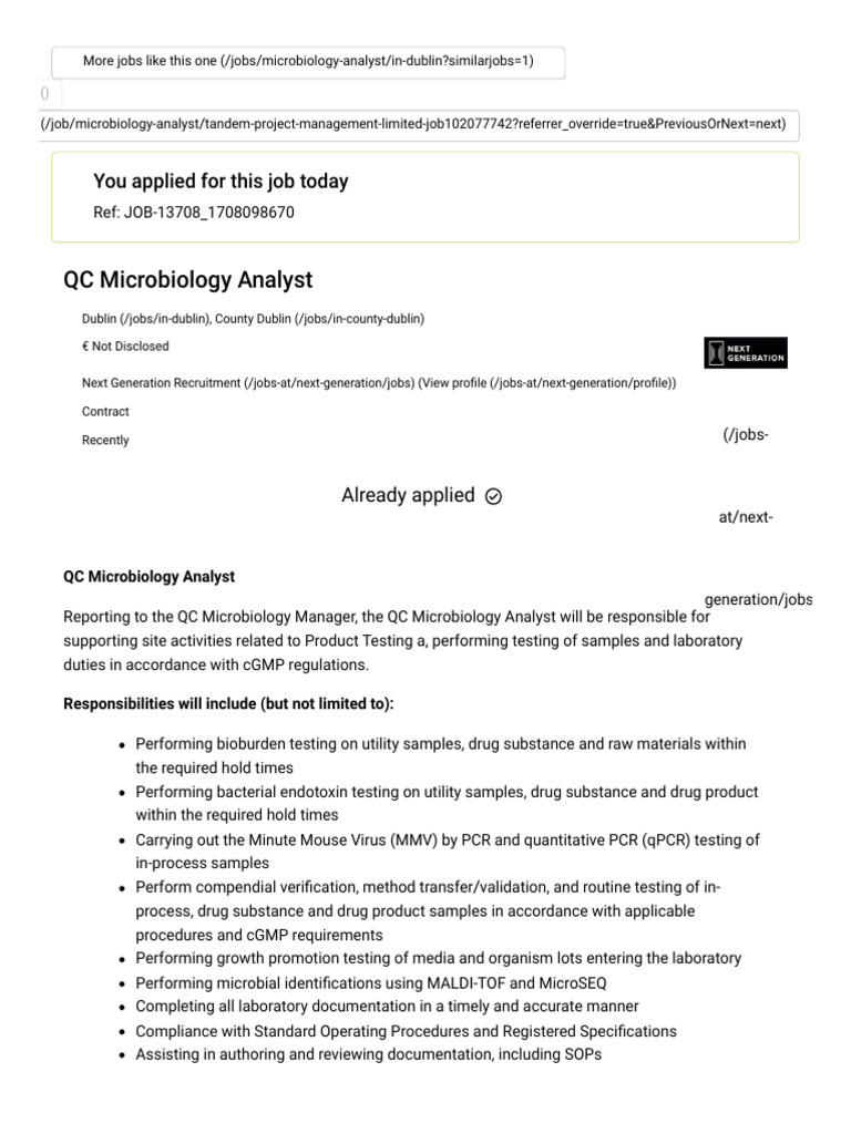 QC Microbiology Analyst in Dublin, County Dublin - Next Generation ...