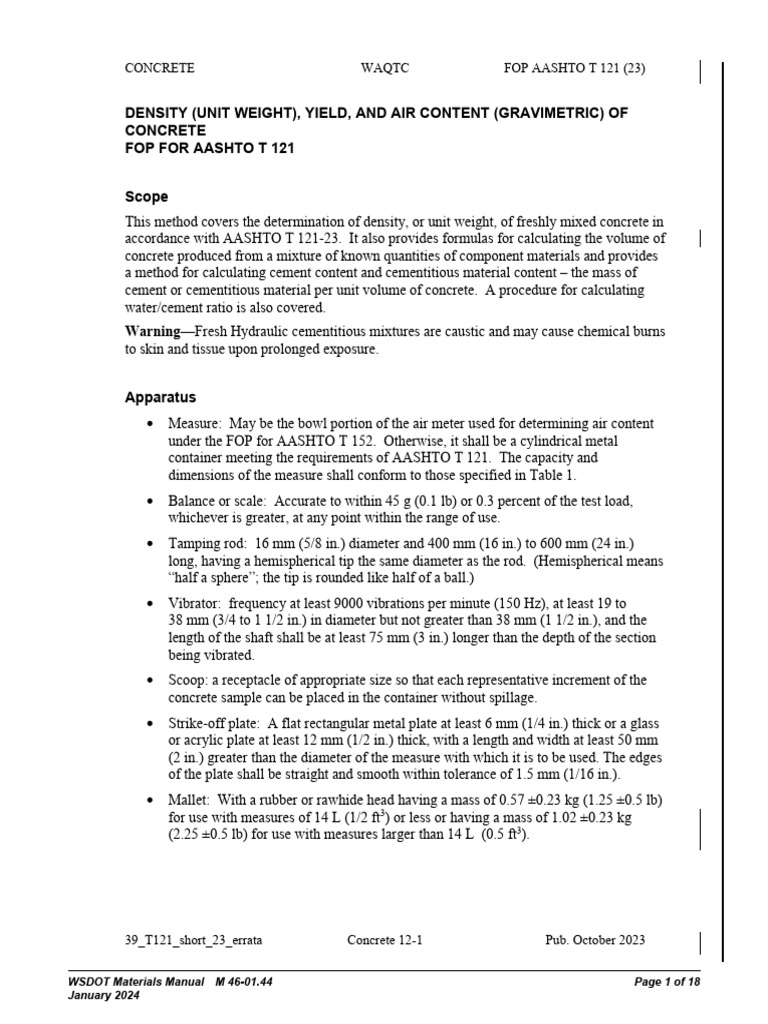 Aashto T121-Density (Unit Weight), Yield, and Air Content (Gravimetric) of | PDF | Concrete ...