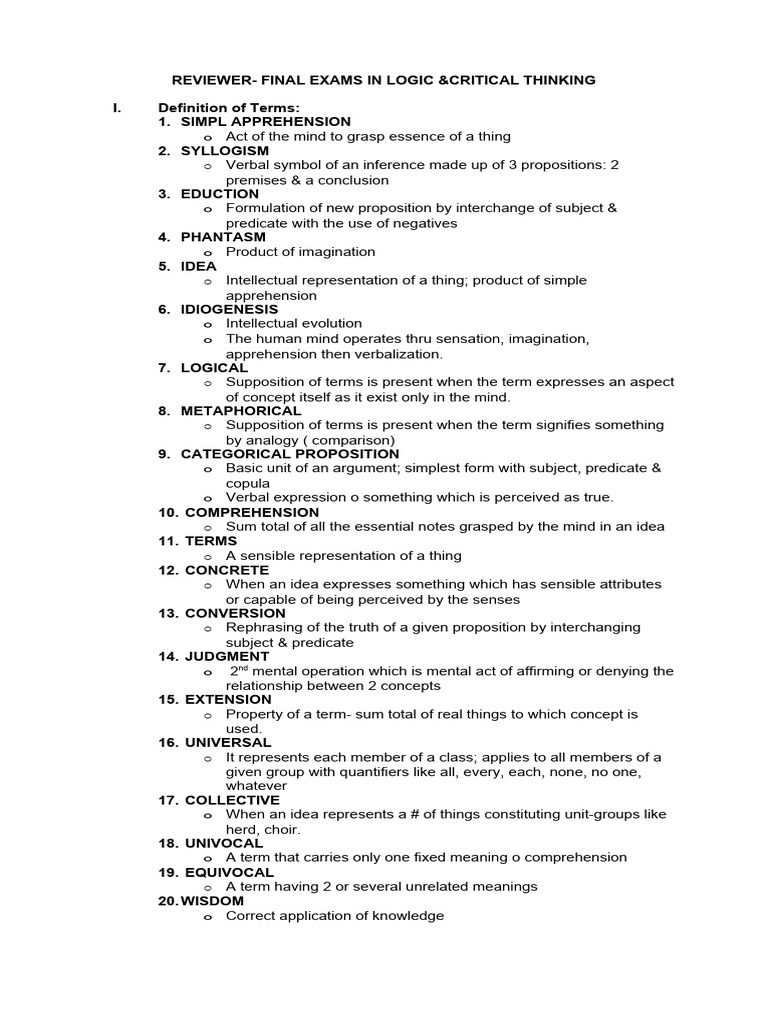 REVIEWER FINAL EXAMS in LOGIC 2024 | PDF | Logic | Deductive Reasoning