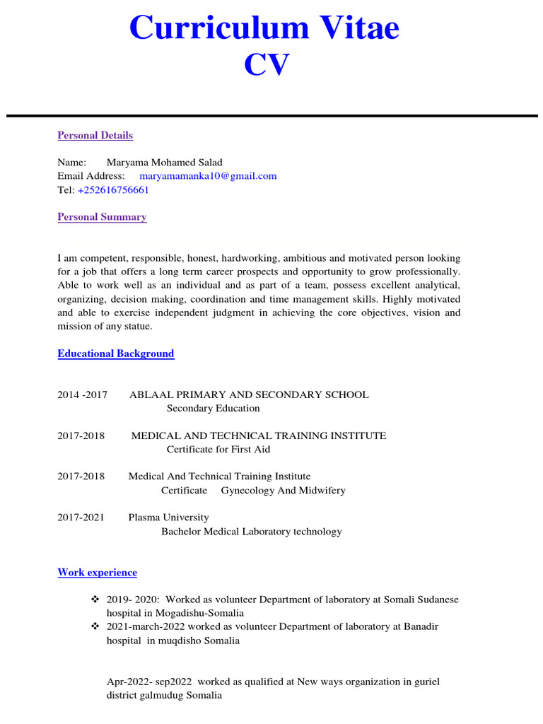 Curriculum Vitae: Personal Details | PDF | Somalia | Laboratories