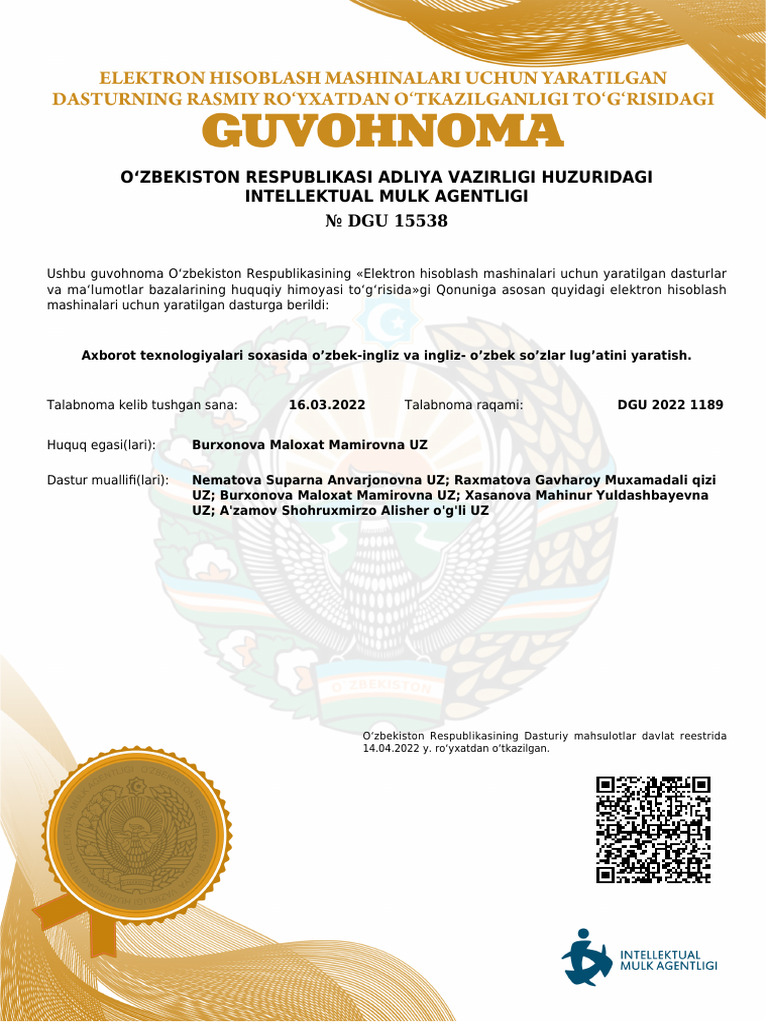 O Zbekiston Respublikasi Adliya Vazirligi Huzuridagi Intellektual Mulk ...