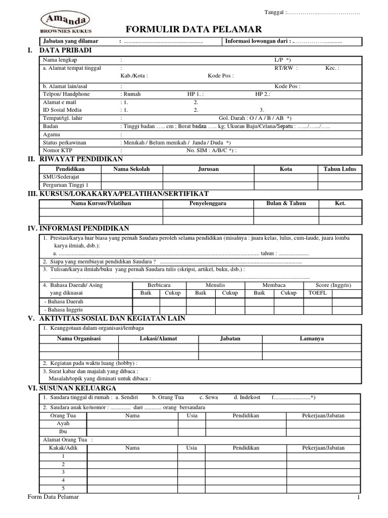 Form Data Pelamar Amanda Brownies Sulawesi | PDF