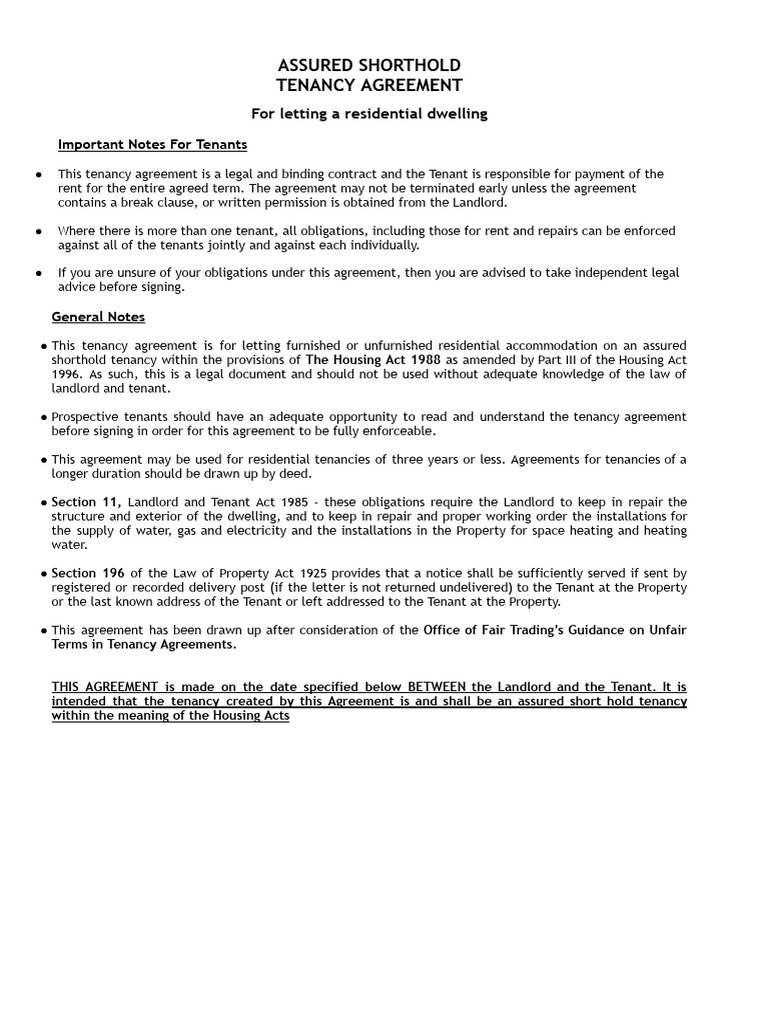Assured Shorthold Tenancy Agreement Guide | PDF | Leasehold Estate ...