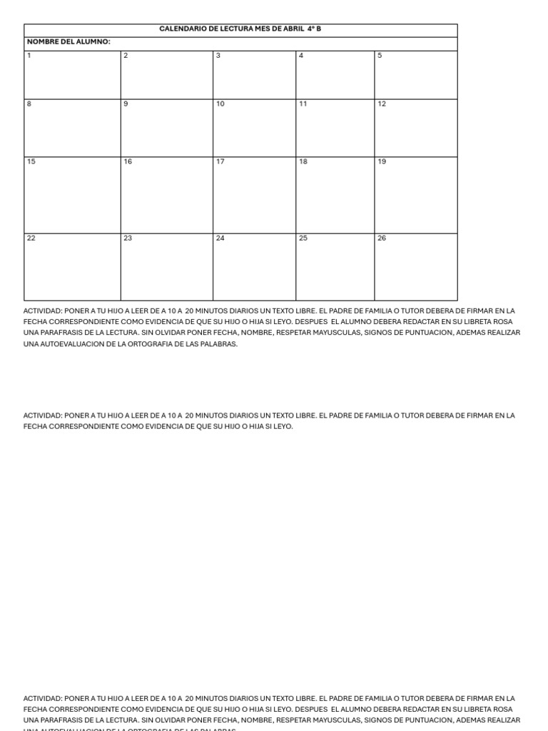 Calendario de Lectura Mes de Abril 4 | PDF