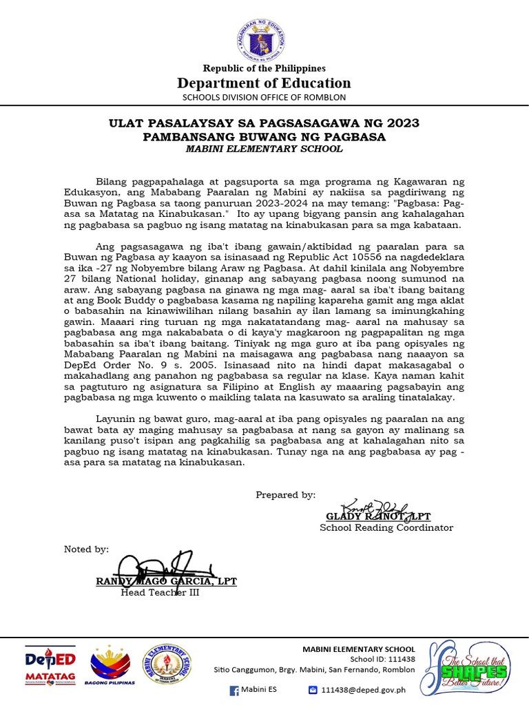 Ulat Pasalaysay Sa Pagsasagawa NG 2023 Pambansang Buwan NG Pagbasa | PDF Ulat Pasalaysay Sa Pagsasagawa NG 2023 Pambansang Buwan NG Pagbasa | PDF