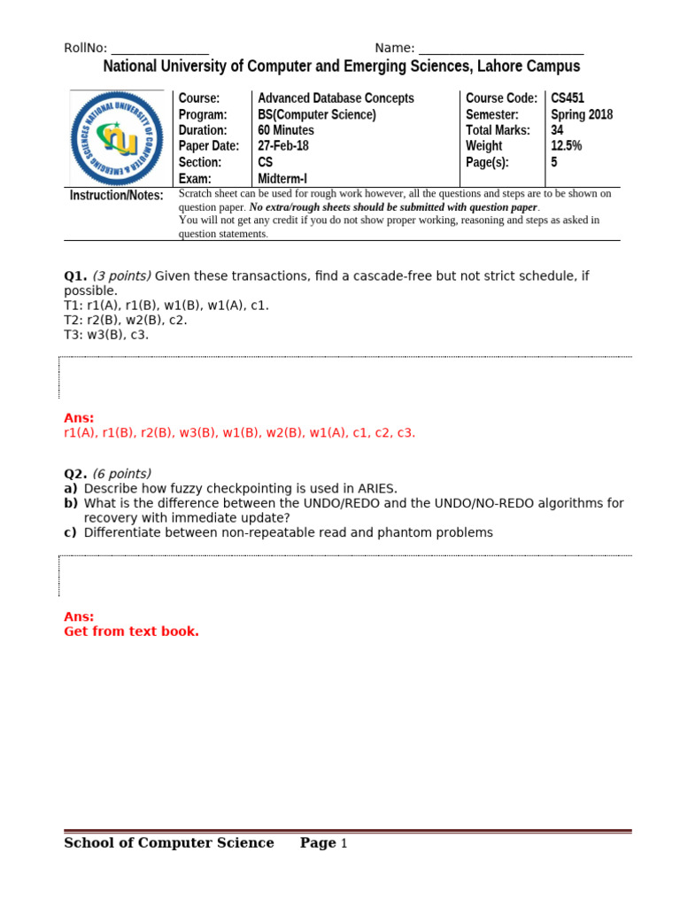 2018 - Midterm 1 Solution - Spring - LHR - ADB | PDF | Computer Science | Data