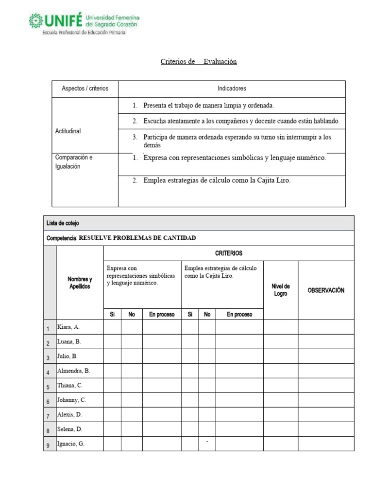 Lista de Cotejo de Comparación e Igualación | PDF