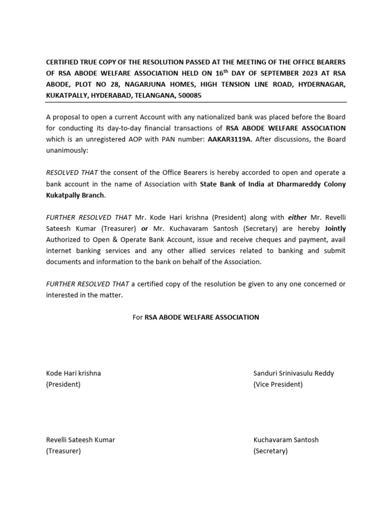 Resolution For Bank Account Opening | PDF