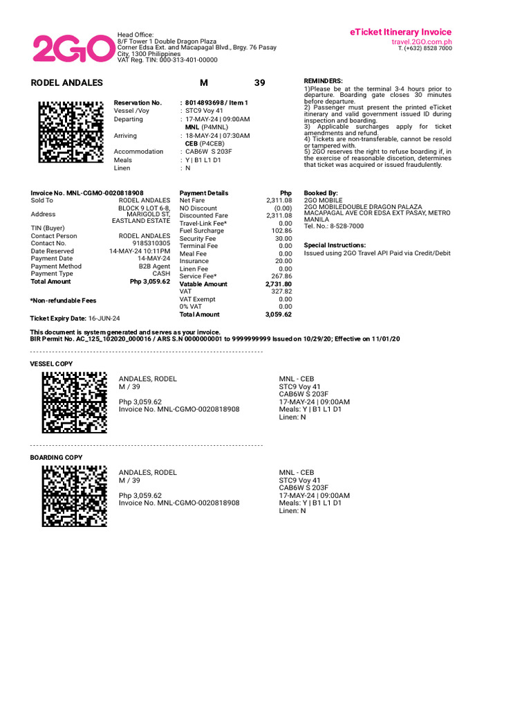 2GO Travel - Itinerary Receipt | PDF | Fee | Ticket (Admission)
